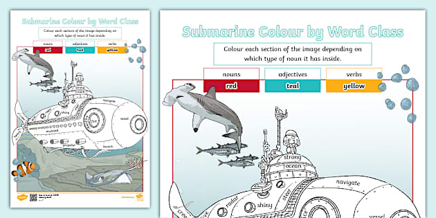 Submarine Colour By Word Class Worksheet (teacher made)