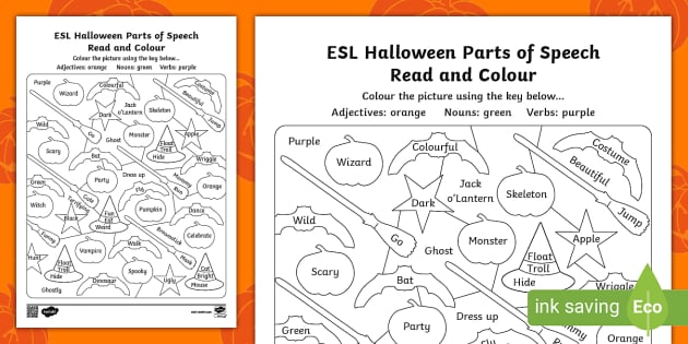 ESL Halloween Parts of Speech Read and Colour (teacher made)