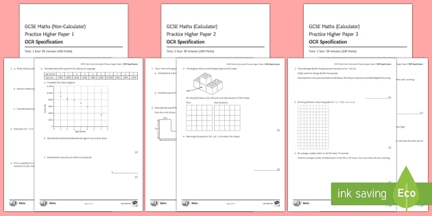 GCSE Maths Specimen Papers 1, 2 and 3 Higher (001) OCR Specification Exam