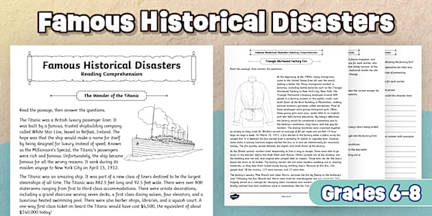 Famous Historical Disasters Reading Comprehension Worksheets for 6th ...
