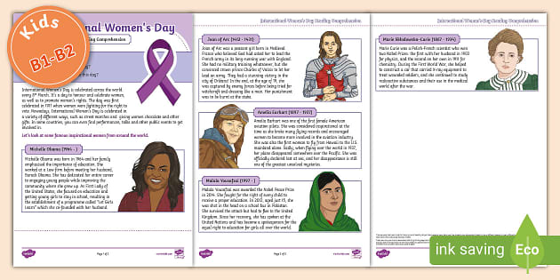 ESL International Women's Day Reading Comprehension Worksheet [Kids, B1-B2]