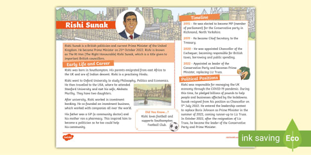 Rishi Sunak Fact File - KS2 (teacher made) - Twinkl