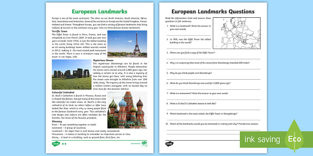 Europe Landmarks Reading Comprehension Activity