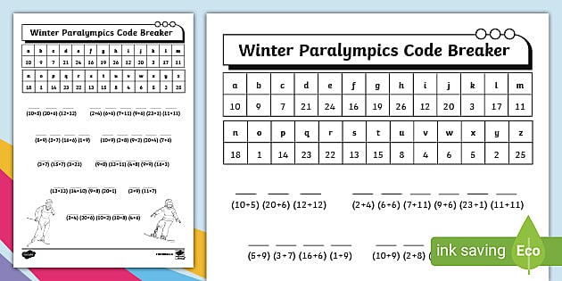 KS1 Winter Para-Games Code Breaker Worksheet - Addition