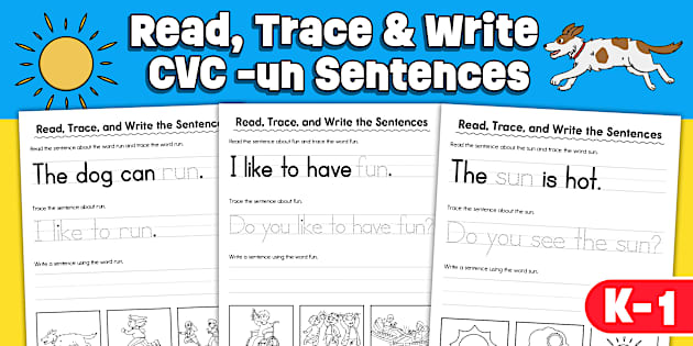 Read, Trace, and Write CVC -un Word Family Worksheets for K-1st Grade