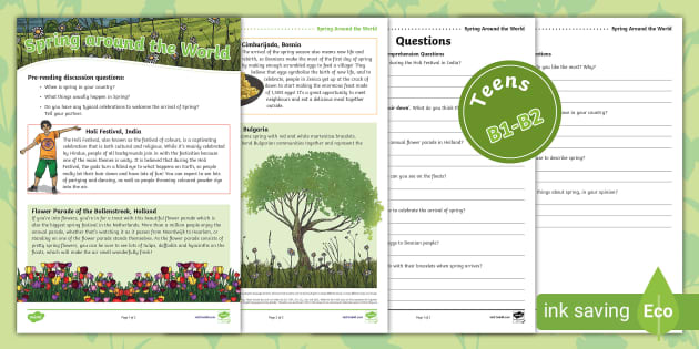 ESL Spring Around the World Reading Comprehension Worksheet [Teens, B1-B2]