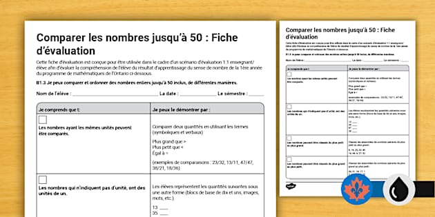 Comparing Numbers to 50: Evaluation Sheet French - Twinkl
