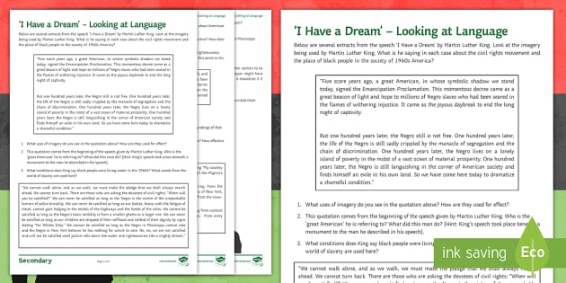 'I Have a Dream' - Looking at Language Worksheet / Worksheet