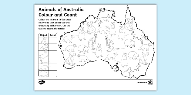 Animals of Australia Colour and Count Worksheet - Twinkl