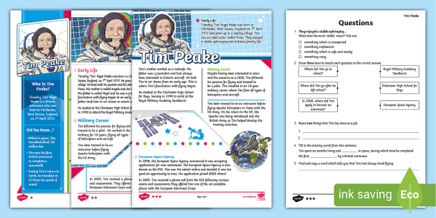 LKS2 Tim Peake Differentiated Reading Comprehension Activity