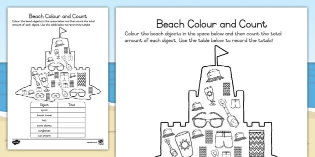Beach Colour and Count Worksheet (teacher made) - Twinkl