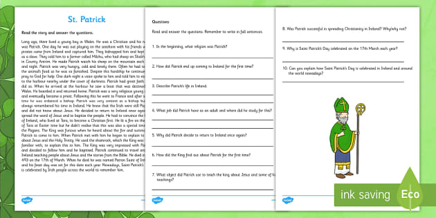 Saint Patrick Comprehension Activity Third and Fourth Class