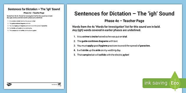 Linguistic Phonics Phase 4c 'igh' Dictation Sentences Teacher Worksheet