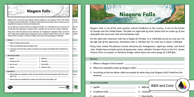 Fifth Grade Niagara Falls Read and Respond Activity - Twinkl