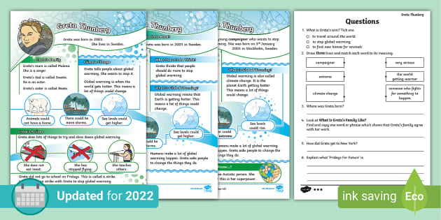 KS1 Greta Thunberg Differentiated Reading Comprehension Activity