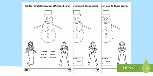 Winter Fairytale Snowman 2D Shape Search Worksheet / Worksheet, princess