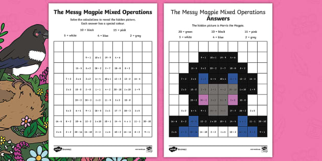 KS1 The Messy Magpie Mixed Operation Maths Mosaic Worksheet