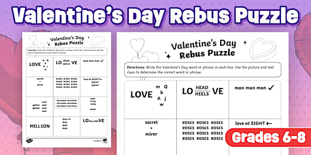 Valentine’s Day Rebus Puzzle Worksheet for 6th-8th Grade