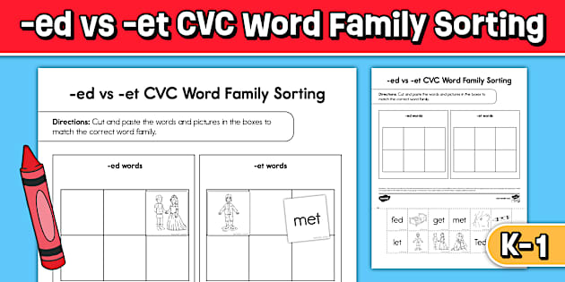 -ed vs -et CVC Word Family Sorting Worksheet for K-1st Grade