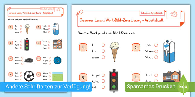 Genaues Lesen: Wort-Bild-Zuordnung - Arbeitsblatt - Twinkl