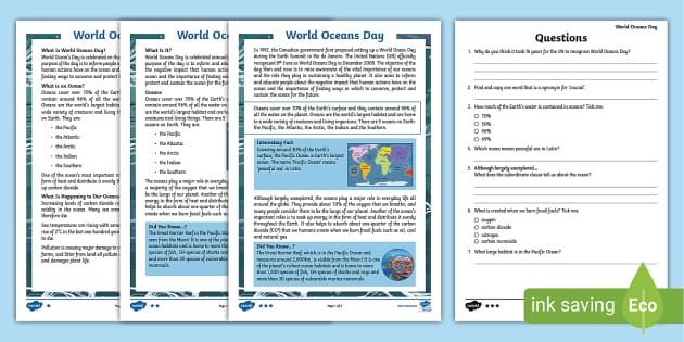 World Oceans Day Differentiated Reading Comprehension Ages 9-11