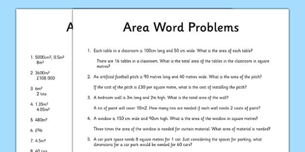 Area Word Problems Worksheet Maths Resource Twinkl