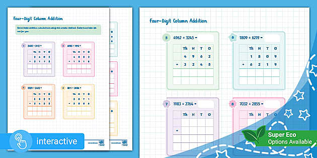 👉 Four-Digit Column Addition (Ages 8 - 9) (teacher made) 👉 Four-Digit Column Addition (Ages 8 - 9) (teacher made)