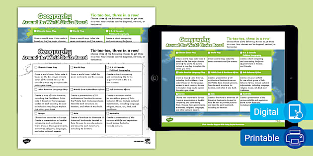 Geography Around the World Choice Board for 6th-8th Grade