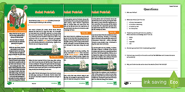 UKS2 Saint Patrick Differentiated Reading Comprehension Activity