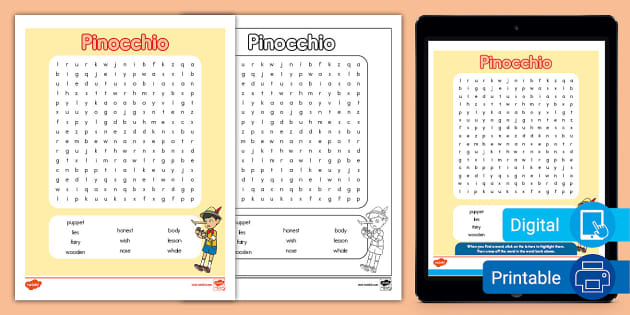 Pinocchio Fairy Tale Word Search for K-2nd Grade - Twinkl