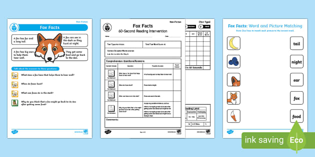 Level 1: 'Fox Facts' 60-Second Reading Set 2 Intervention Pack