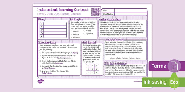 Level 2 June 2023 School Journal: Independent Learning Contract