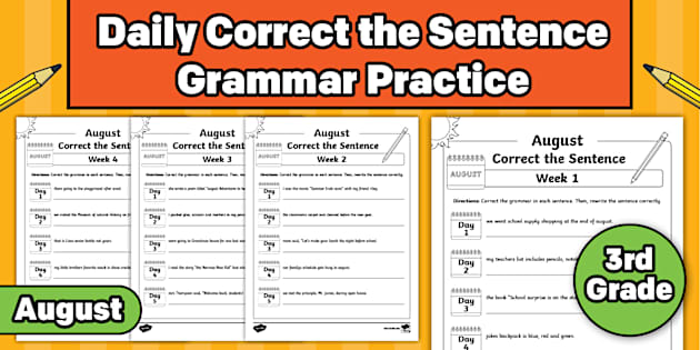 Third Grade August Daily Correct the Sentence Grammar