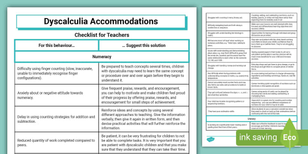 Dyscalculia Accommodations Checklist for Teachers - Twinkl