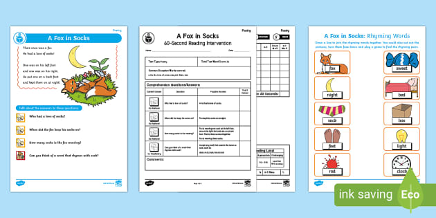 Level 1: 'A Fox in Socks' 60-Second Reading Set 2 Intervention Pack