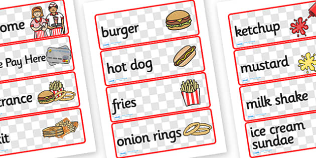 American Diner Role Play Labels - ESL Restaurant Role Play
