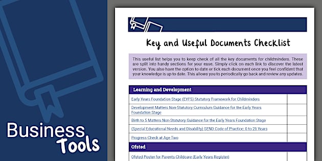 * NEW * Key and Useful Documents Checklist for Childminders