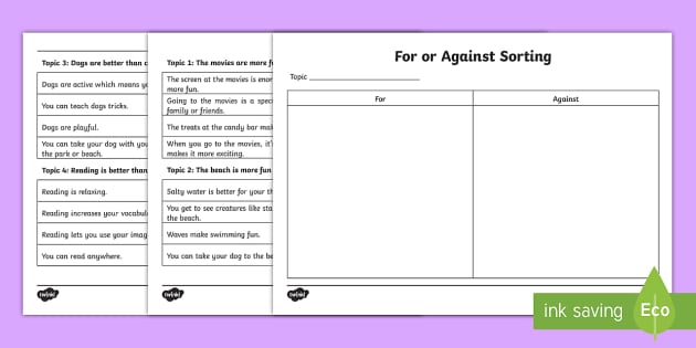 For or Against Sorting Activity (teacher made)