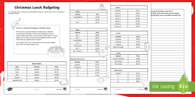 Christmas Lunch Budgeting Activity (teacher made)