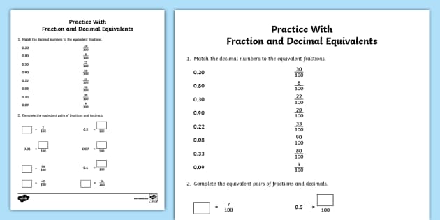 Practice With Fraction and Decimal Equivalents 3rd-5th Grade