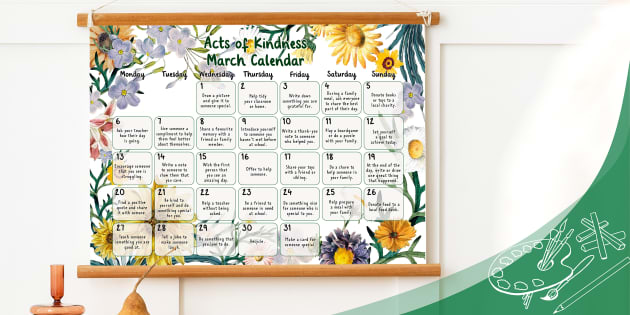 Acts of Kindness March Calendar Botanical-Themed Poster