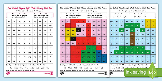 New Zealand Magenta Sight Words Mosaic Colouring Sheets