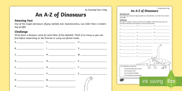 An A-Z of Dinosaurs Worksheet / Worksheet - Twinkl