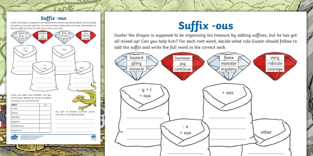 KS2 Adding the Suffix -ous Worksheet (KS2 Fantasy Story 'The Wyrmstooth