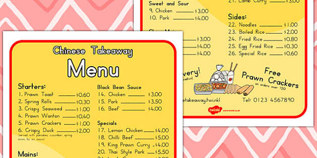 Chinese Takeaway Role Play Menu (teacher made) - Twinkl