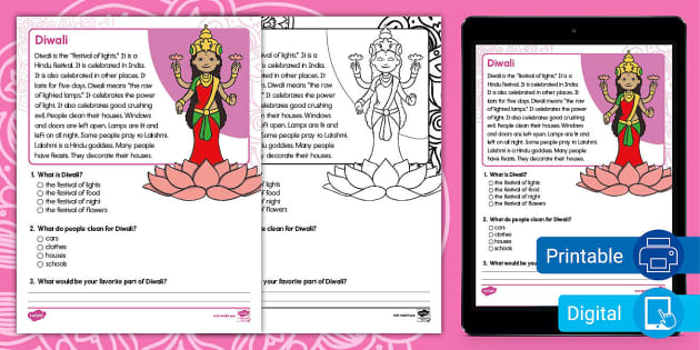First Grade Diwali Reading Passage Comprehension Activity First Grade Diwali Reading Passage Comprehension Activity