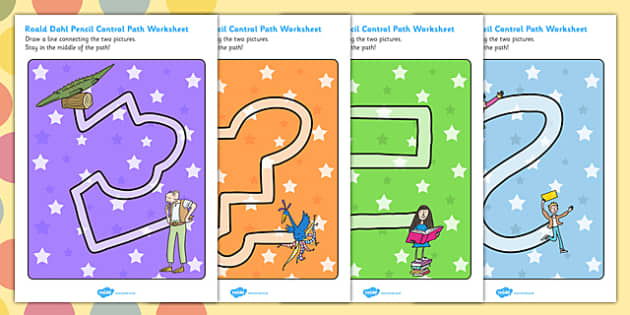 Roald Dahl Themed Pencil Control Path Worksheets - stories
