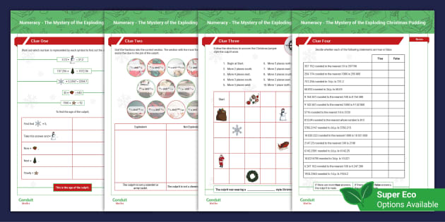 Numeracy - The Exploding Christmas Pudding Clues - Twinkl