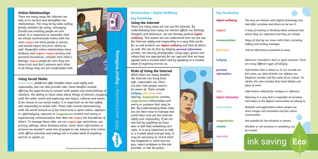 PSHE and Citizenship Digital Wellbeing Knowledge Organiser