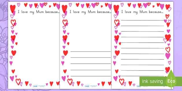 Mothers Day I Love My Mum Because Full Page Borders - writing